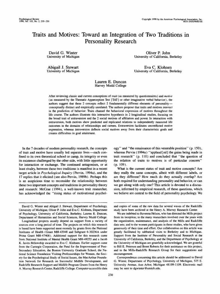 Traits and Motives Toward An Integration | PDF