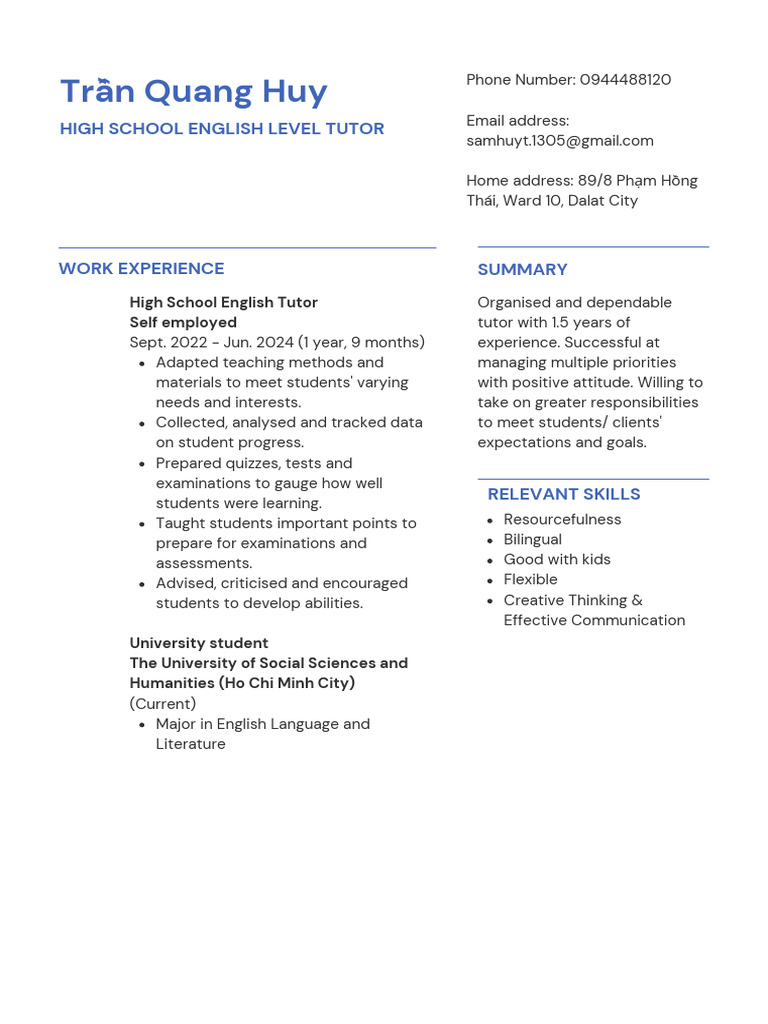 CV Tran Quang Huy (Sept. 2024) | PDF