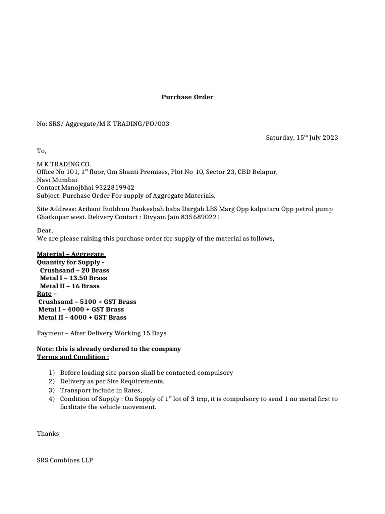 Po Agg SRS To MK TRDG 15 7 23 | PDF