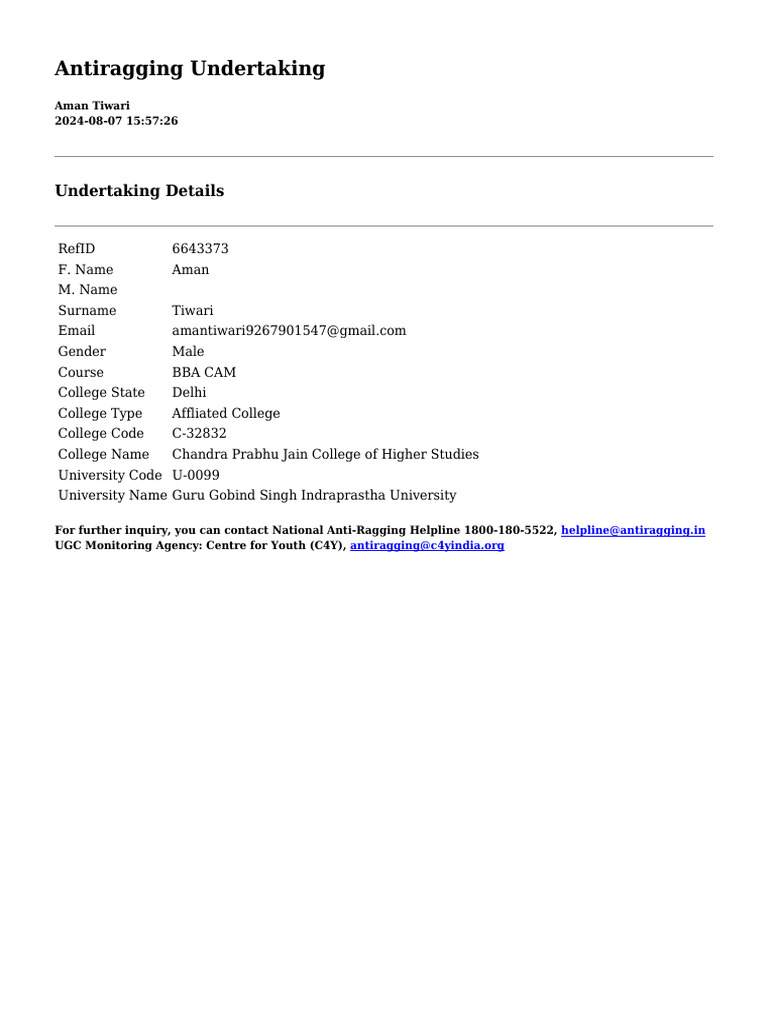 Anti Ragging Affidavit Form | PDF