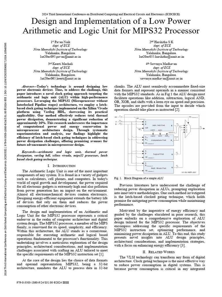 Design and Implementation of A Low Power Arithmetic and Logic Unit For MIPS32 Processor | PDF