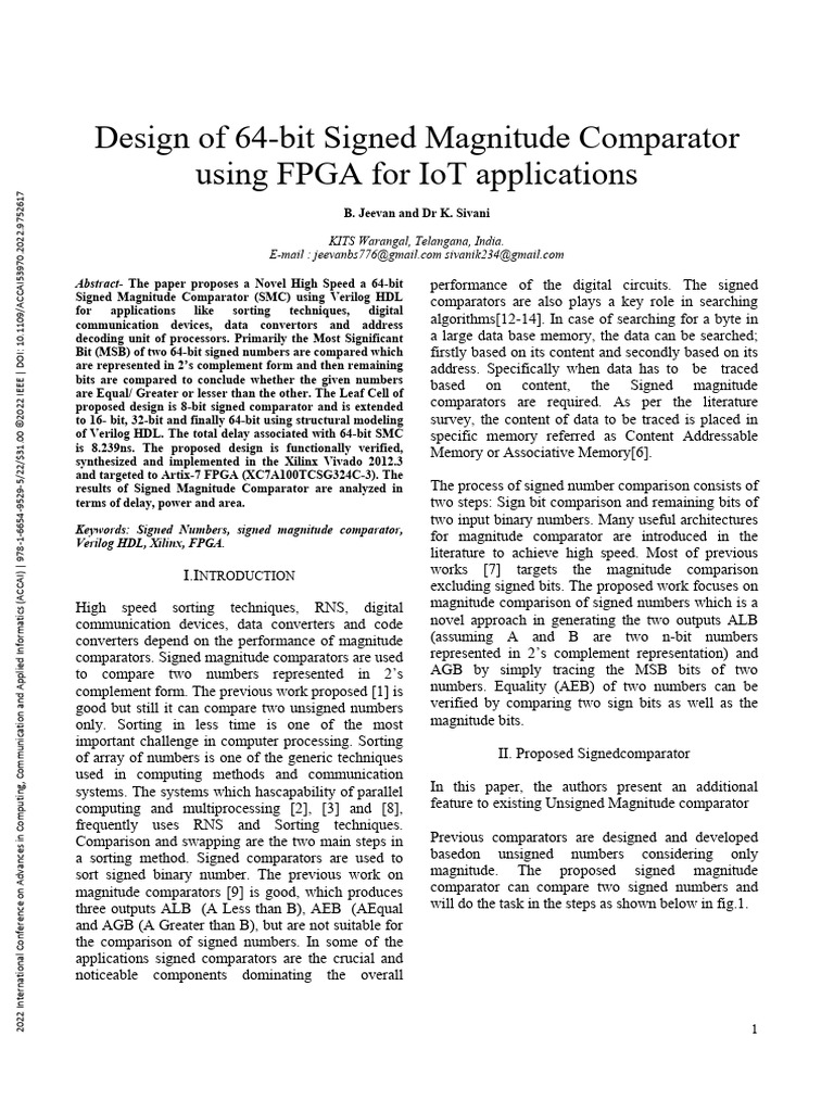 Design of 64-Bit Signed Magnitude Comparator Using FPGA For IoT Applications | PDF