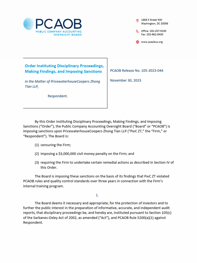 Sanksi PCAOB KAP PricewaterhouseCoopers PWC Zhong Tian LLP China Tahun 2023 | PDF | Audit ...
