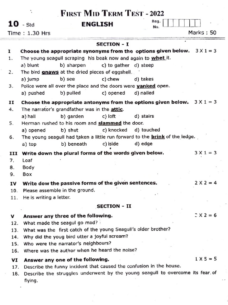 10th English 1st Mid Term Exam 2022 2023 Question Paper Madurai District English Medium PDF ...