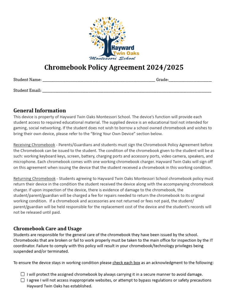 Chromebook Policy Agreement 2024 - 2025 | PDF