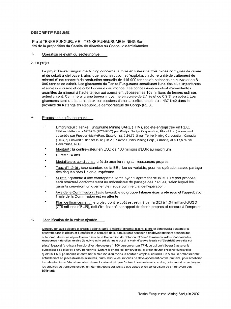 Mining Projects Tenke Fungurume Mining Sarl FR | PDF