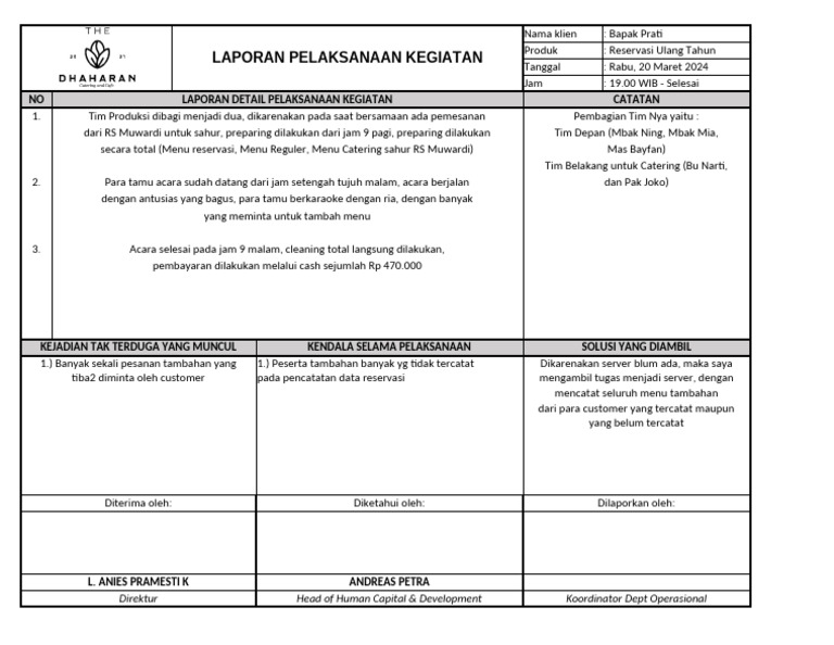 Laporan kegiatan Bp Prati (20.03.24) | PDF