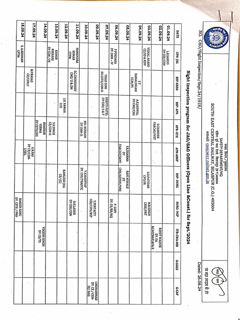 Night Inspection Schedule For The Month of September-24 | PDF