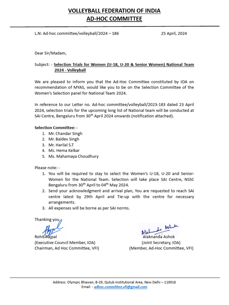 Selection Trials For Women (U-18, U-20 & Senior Women) National Team ...