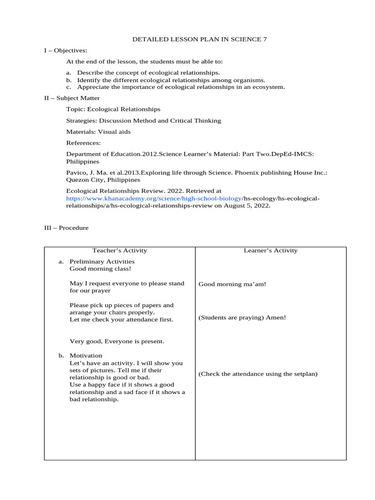 Lesson Plan Ecological Relationship | PDF