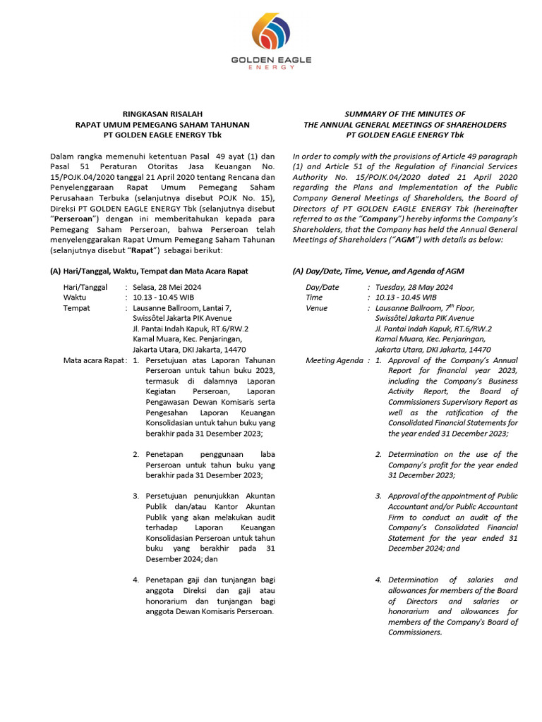 Ringkasan Risalah RUPS 2024 Bilingual | PDF