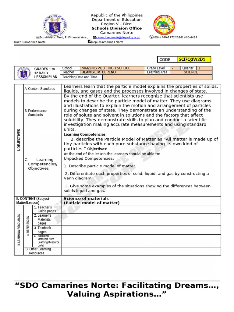 Grade 7 Science Lesson Plan: Particle Model | PDF | Distance | Learning
