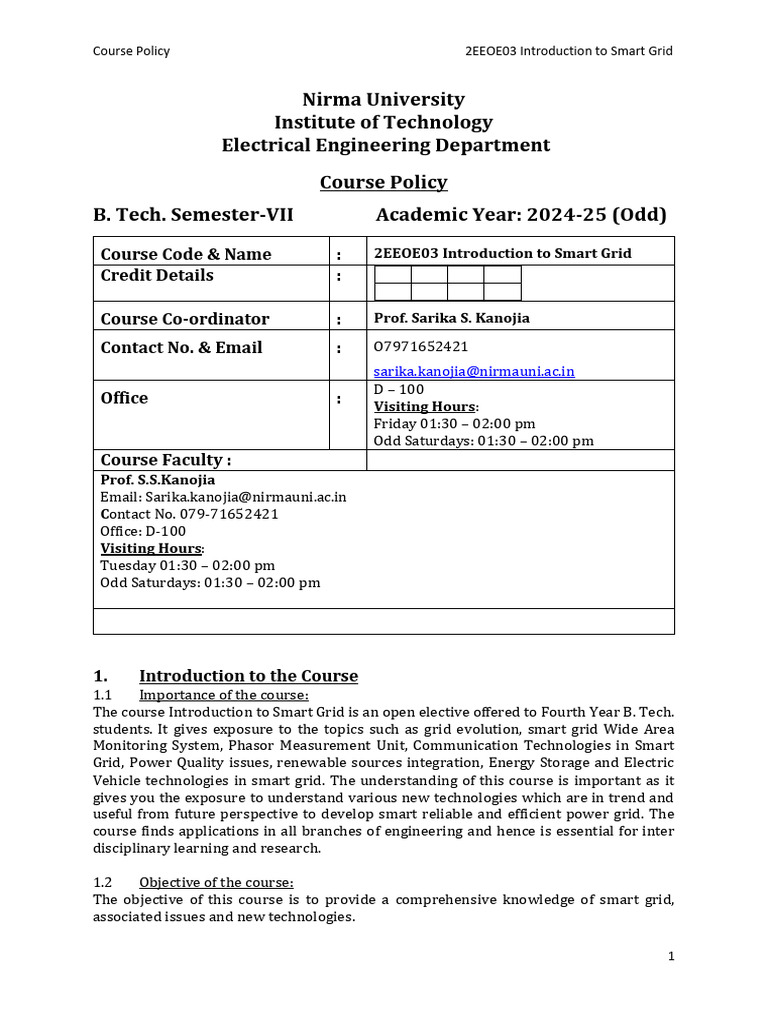 Introduction To Smart Grid Course Policy - Open Elective - Sem VII - 2024 - 25 | PDF