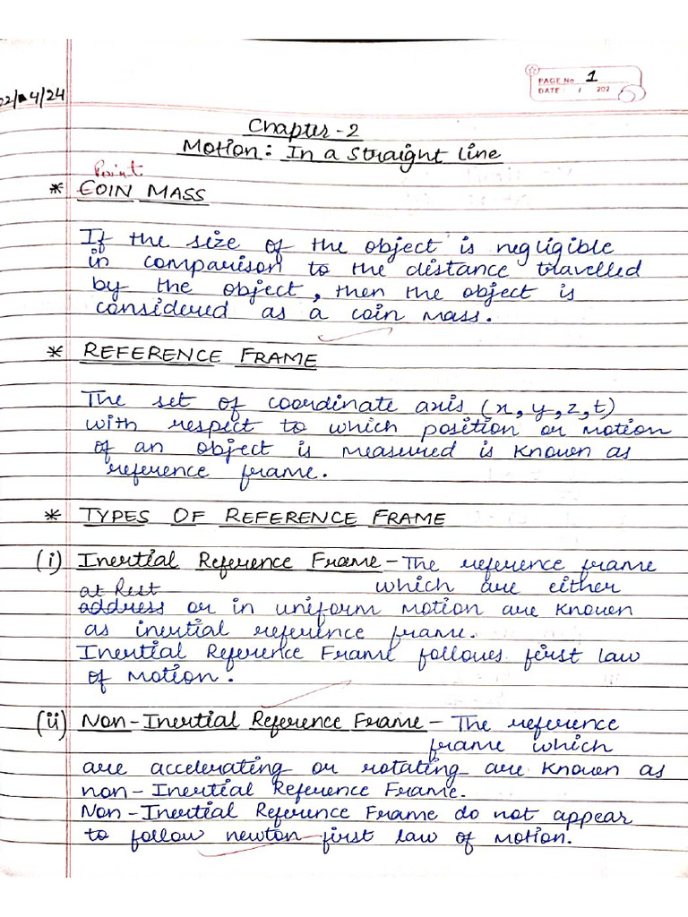 Class 11 Phy Motion in Q Straight Line Notes | PDF