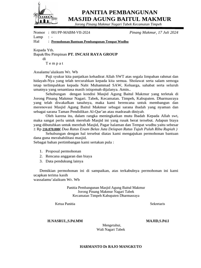 Proposal Masjid Agung Bitul Makmur 2024 | PDF