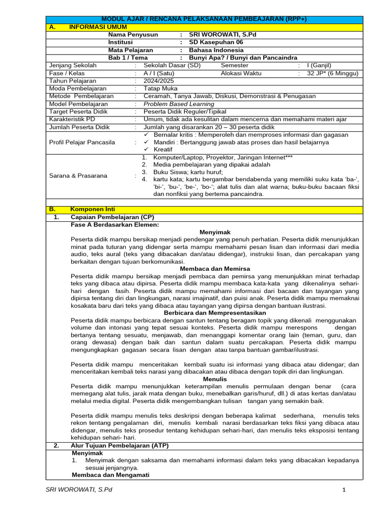 RPP Bindo KLS I SMS 1 | PDF