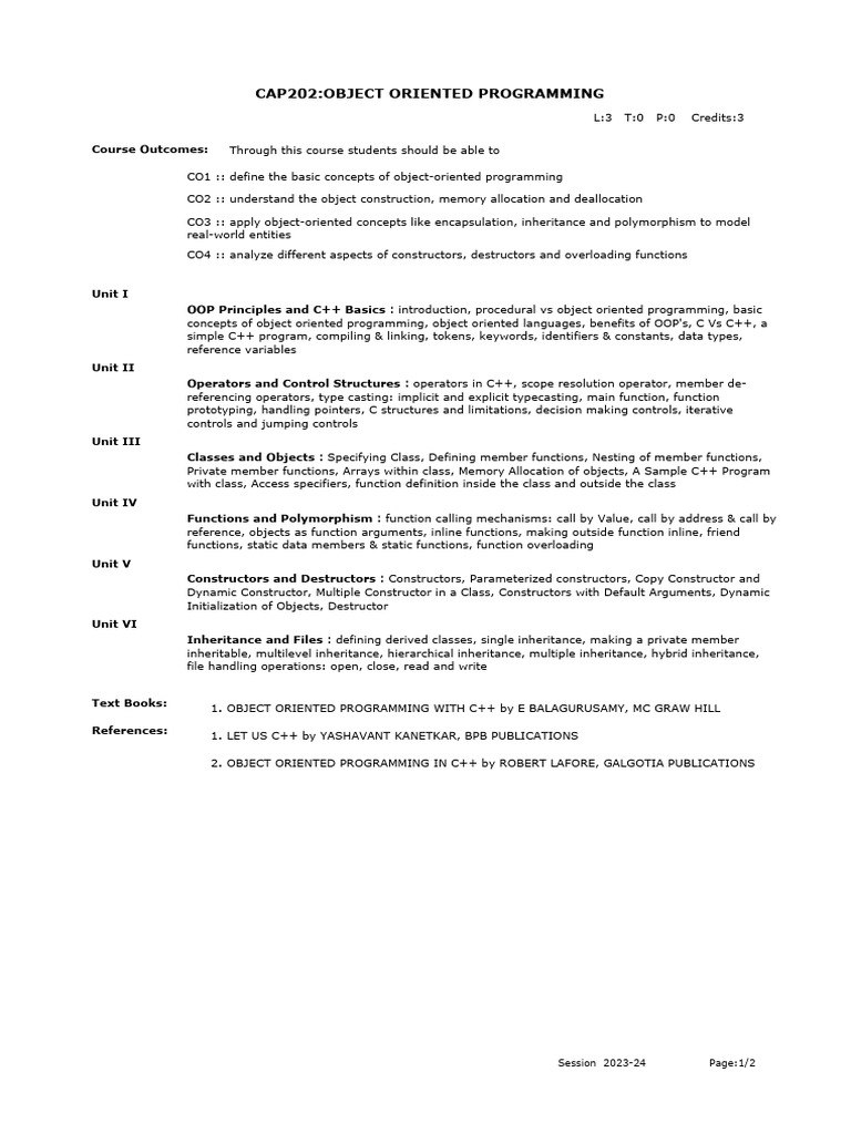 Cap202 - Object Oriented Programming Syllabus | PDF | C++ | Computers