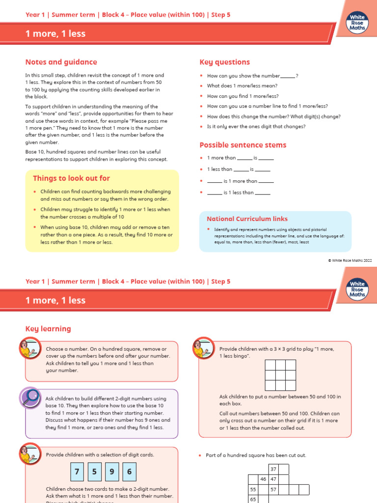 Y1 Summer Block 4 SOL5 1 More 1 Less | PDF | Numbers | Learning