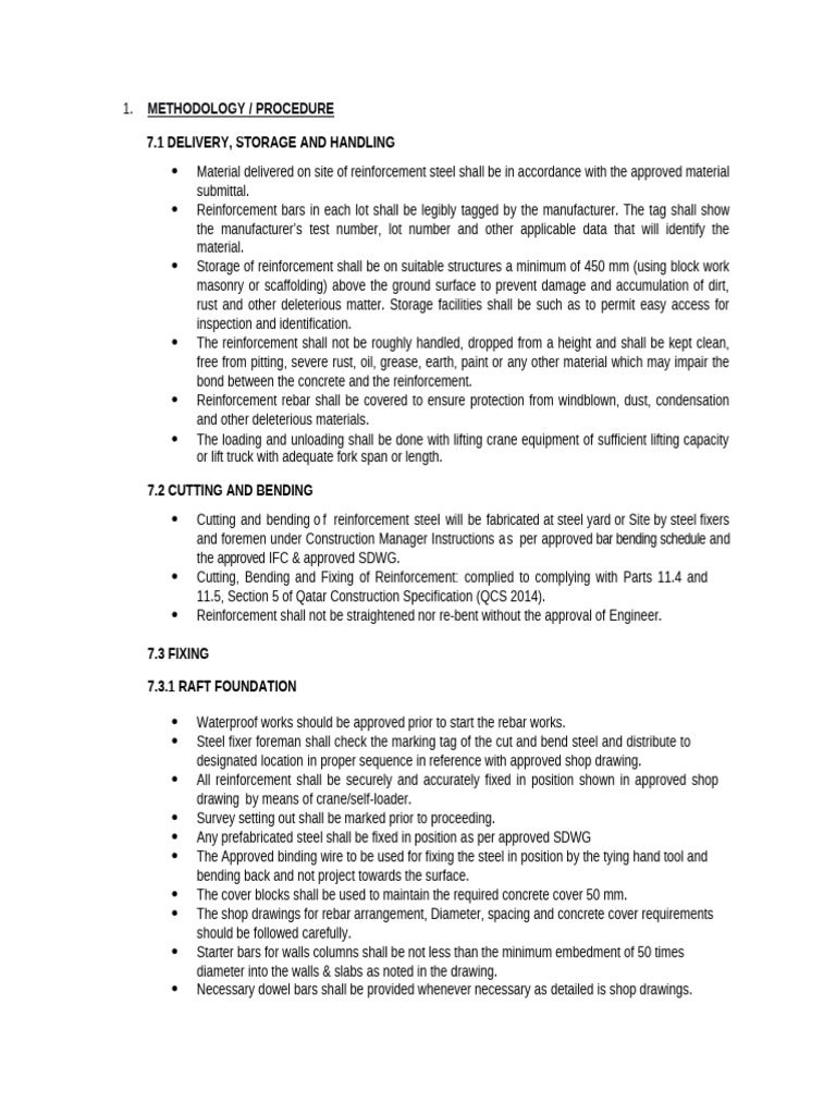 Method Statement For Reinforcement Works (Work Methodology) | PDF