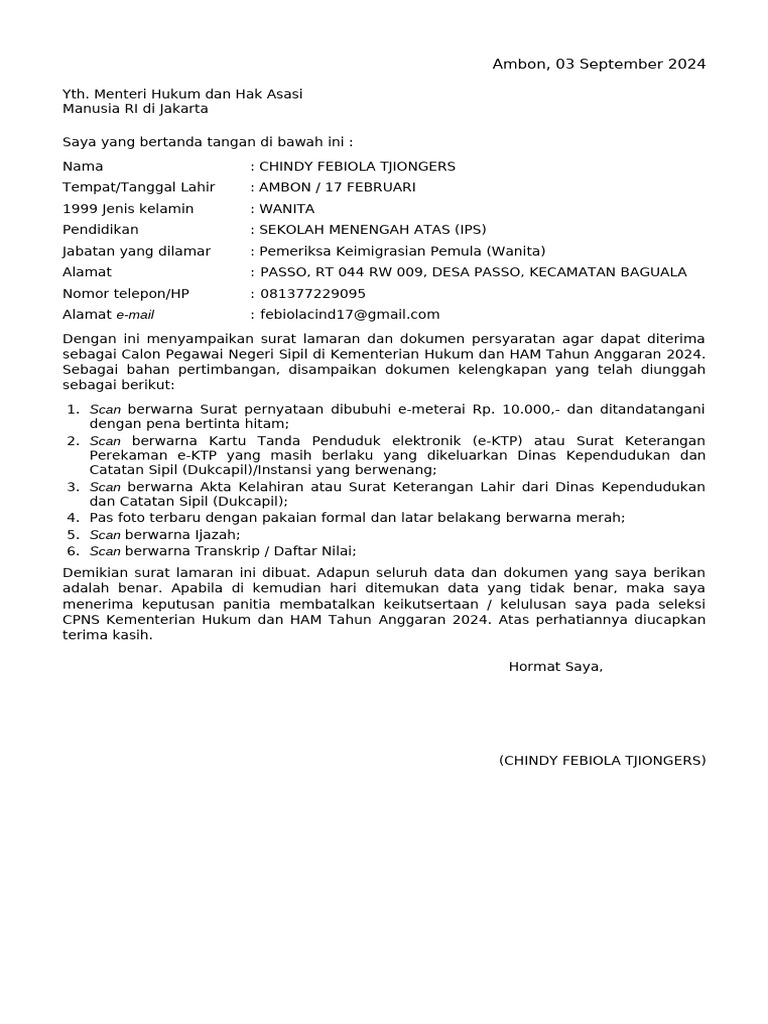 Surat Lamaran Chindy | PDF