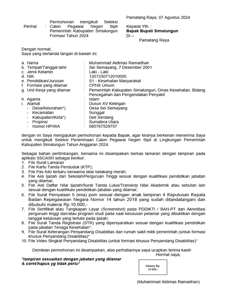 Template Surat Lamaran Dimas | PDF