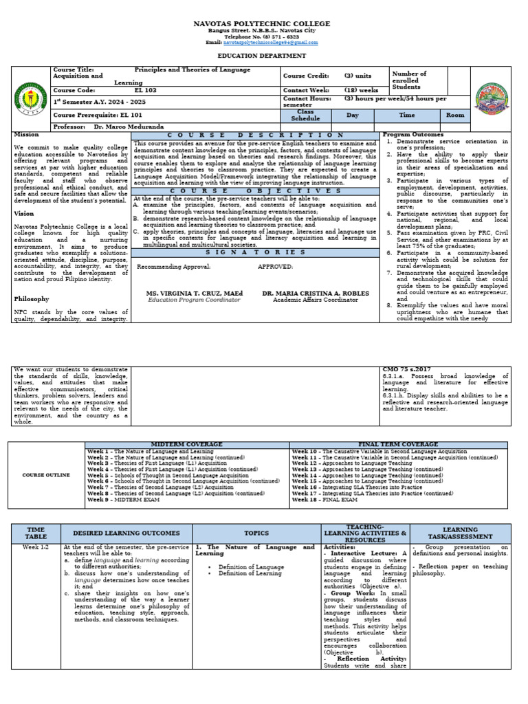 EL 103 Language Acquisition Syllabus | PDF | Second Language ...