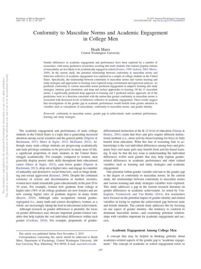 Conformity To Masculine Norms and Academic Engagement in College Men | PDF