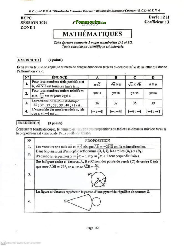 SUJET BEPC 2024 MATHEMATIQUES Zone 1 | PDF
