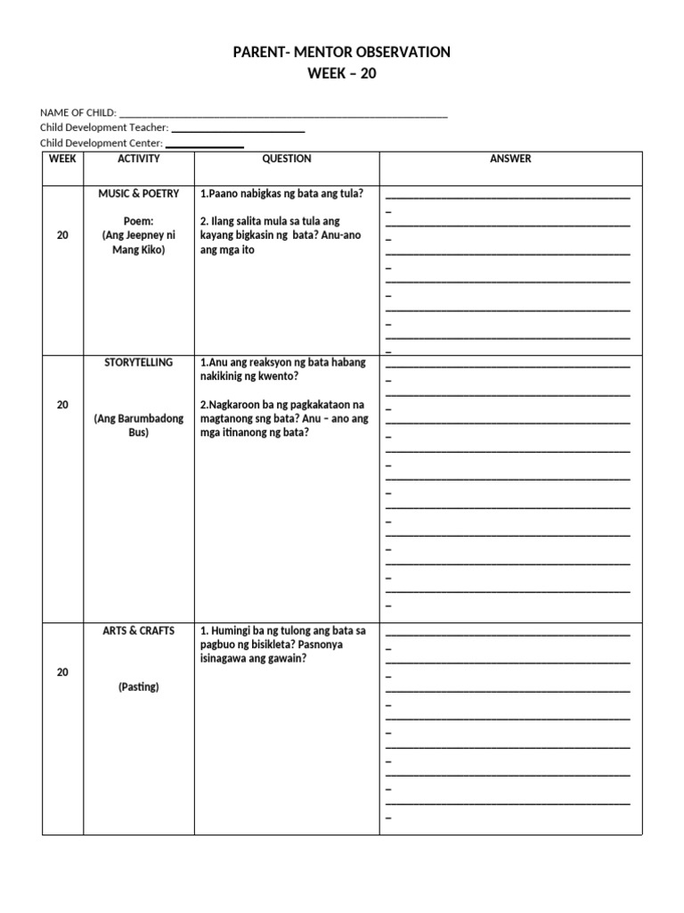 Week 1-20 PARENT-MENTOR-OBSERVATION-CDC-2 | PDF