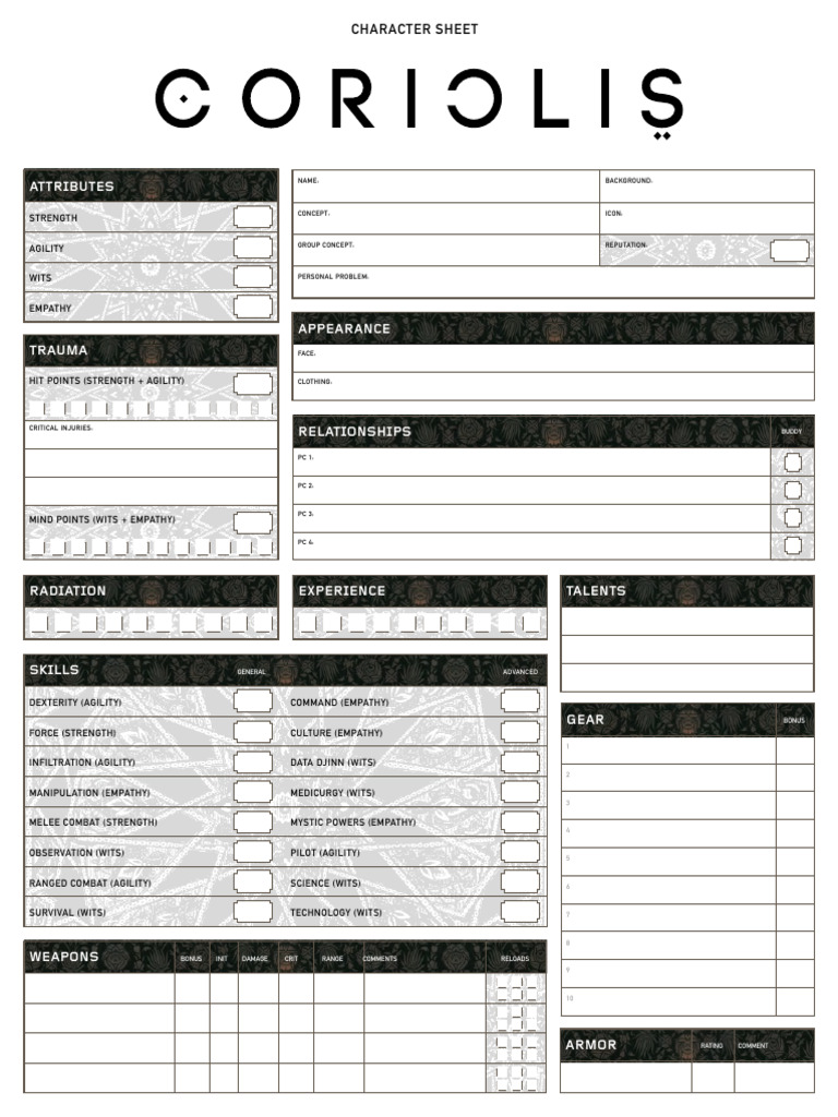 Coriolis Character Sheet Printer Friendly Fillable | PDF