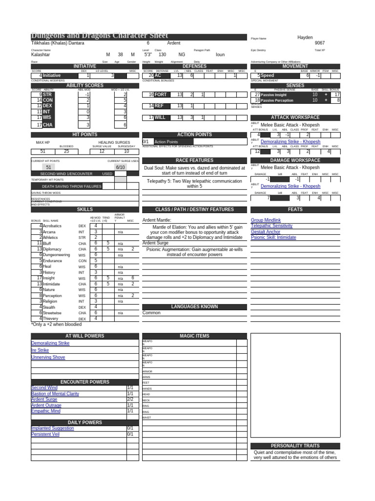 Khalas 4e Character Sheet | PDF