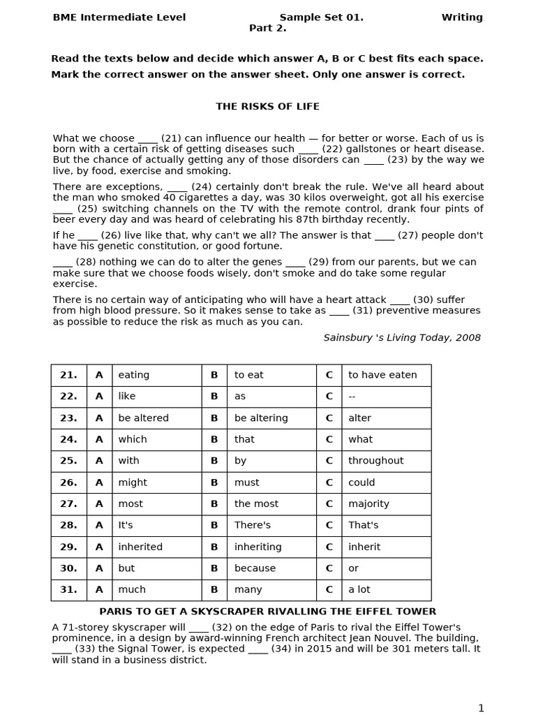 01 BME Intermediate Level - Writing Part 2. - The Risks of Life | PDF