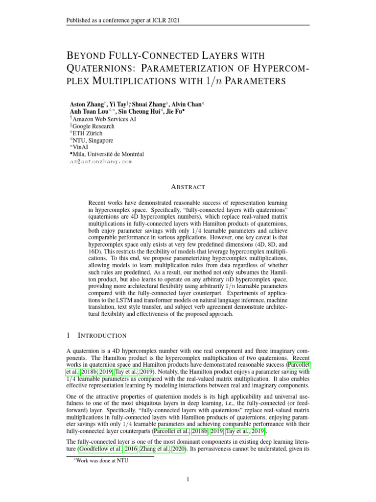 Beyond Fully-Connected Layers With Quaternions Parameterization of Hypercomplex Multiplications ...