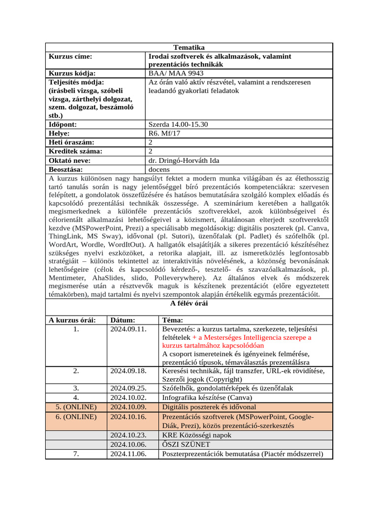 Irodai Szoftverek És Prezentációs Technikák - 2024 - 24 - Ősz | PDF