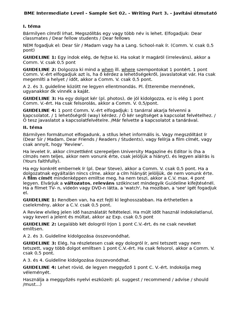 02 BME Intermediate Level - Writing Part 3. - Javítási Útmutató | PDF