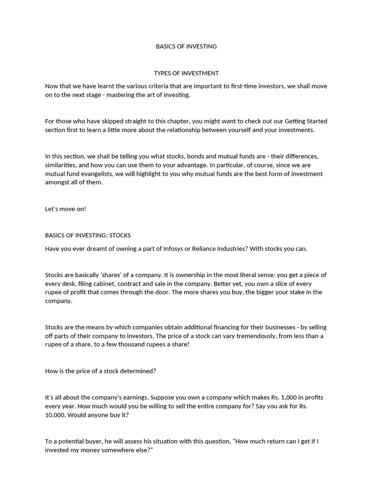 Basics of Investing-Types of Investment | PDF