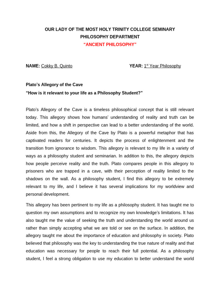 Plato's Allegory of The Cave (Reflection Paper by QUINTO) | PDF