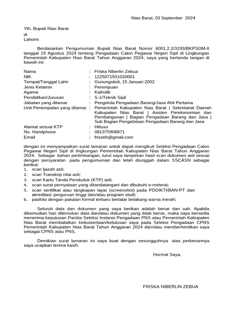 Surat Lamaran Cpns Friska | PDF