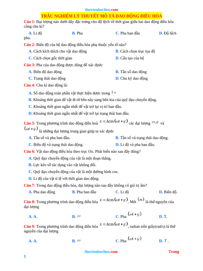 Trac Nghiem Ly Thuyet Mon Ta Dao Dong Dieu Hoa Vat Li 11 | PDF