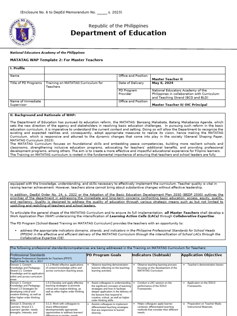 Dang Final - MATATAG WAP Template 2 - For Master Teachers | PDF ...