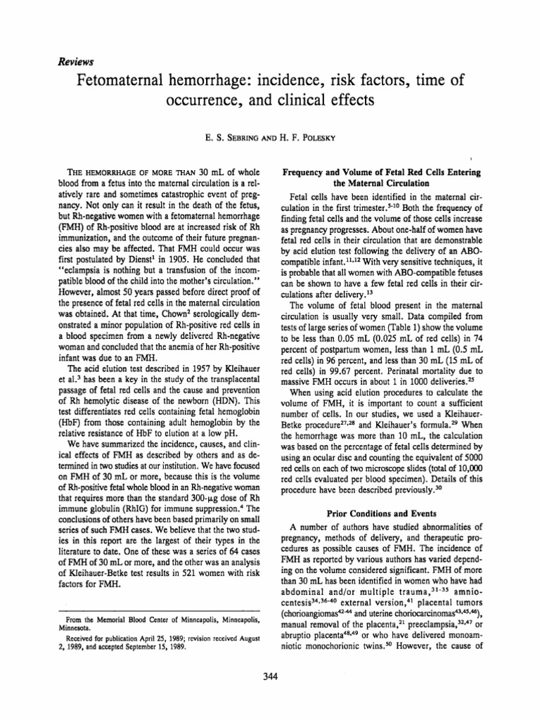 Fetomaternal Hemorrhage: Incidence, Occurrence, and Clinical Risk ...