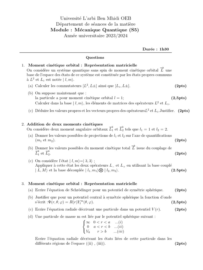 Examen Mecanique Quantique 2024 | PDF
