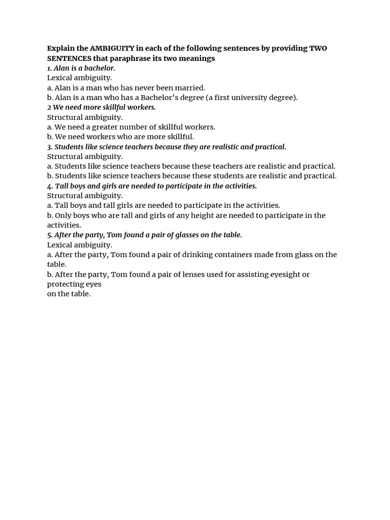 Explain The AMBIGUITY in Each of The Following Sentences by Providing ...
