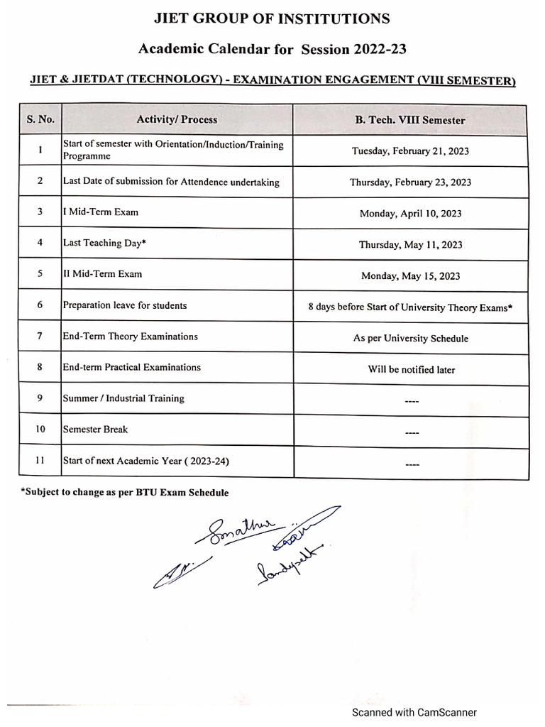 Academic Calendar Examination Engagement Jiet Jietdat Tech. Viii ...