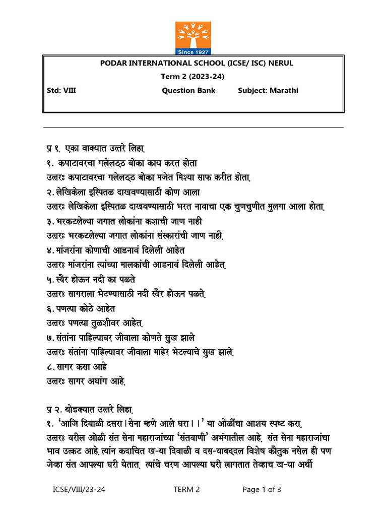 Revision Question Bank - ICSE - VIII - MARATHI - TERM 2 - 23-24 | PDF