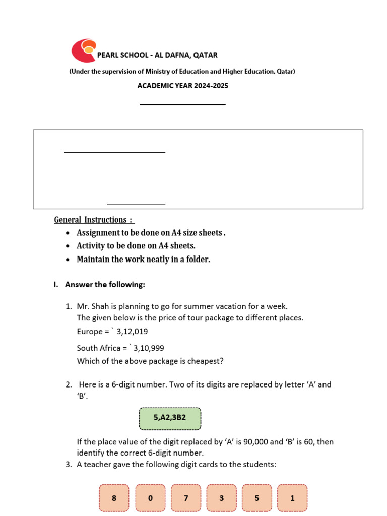 Grade 4 Holiday Assignment 1-1 | PDF