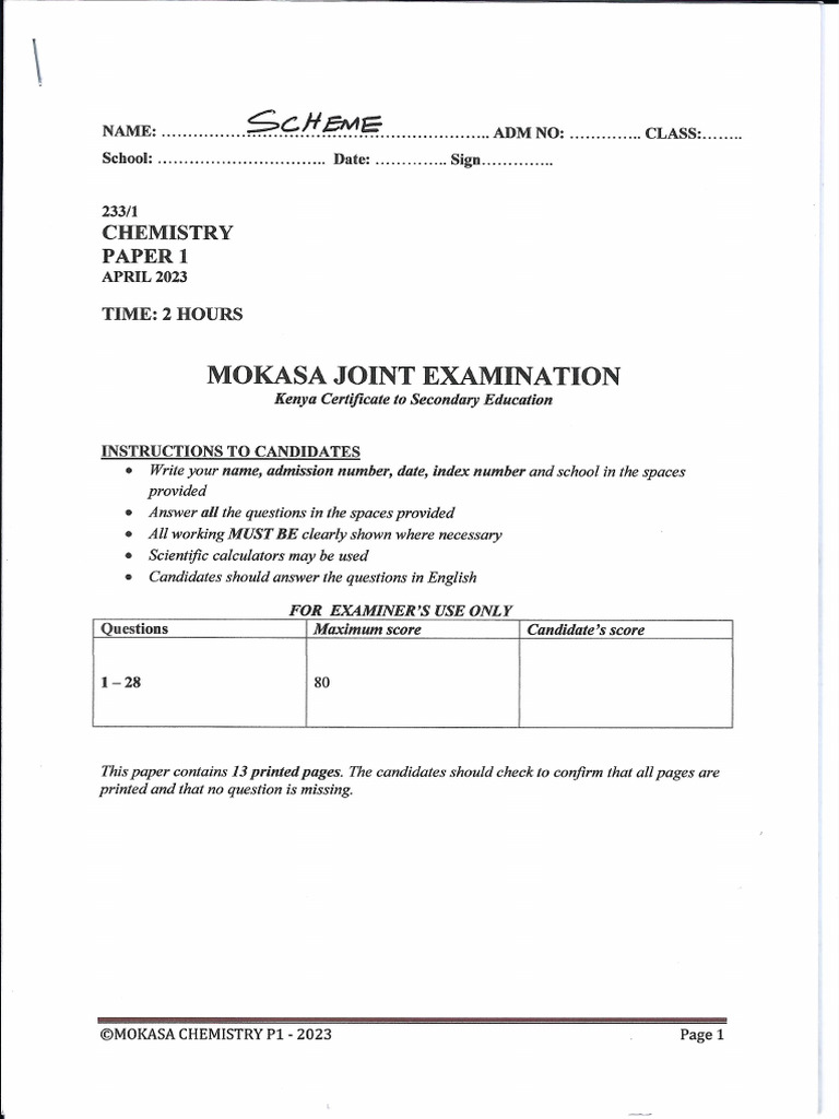 Chemistry Paper 1 Scheme | PDF