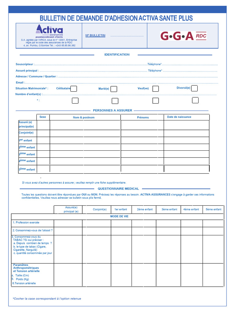 Bulletin de Demande D'adhesion Sante Plus | PDF
