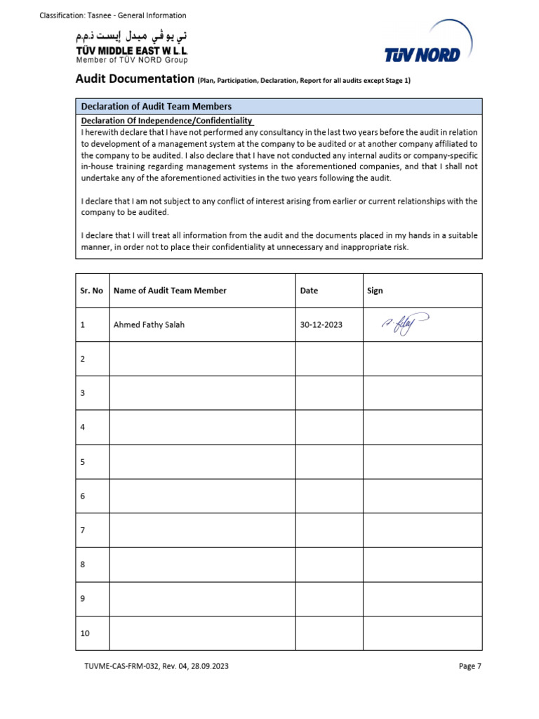 Declaration of Audit Team Members | PDF