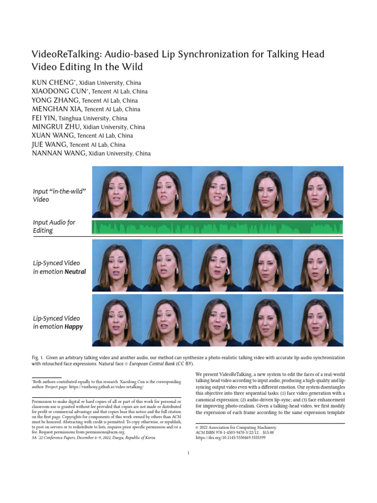 Videoretalking: Audio-Based Lip Synchronization For Talking Head Video Editing in The Wild | PDF